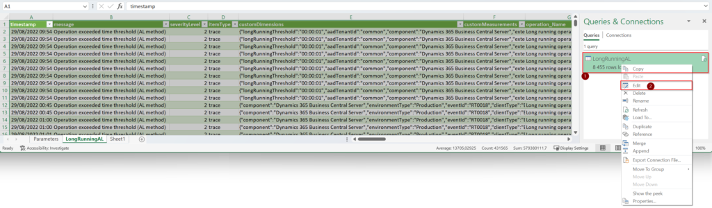 Business Central telemetry - Exploring telemetry in Excel and using a template file - Ricardo ...